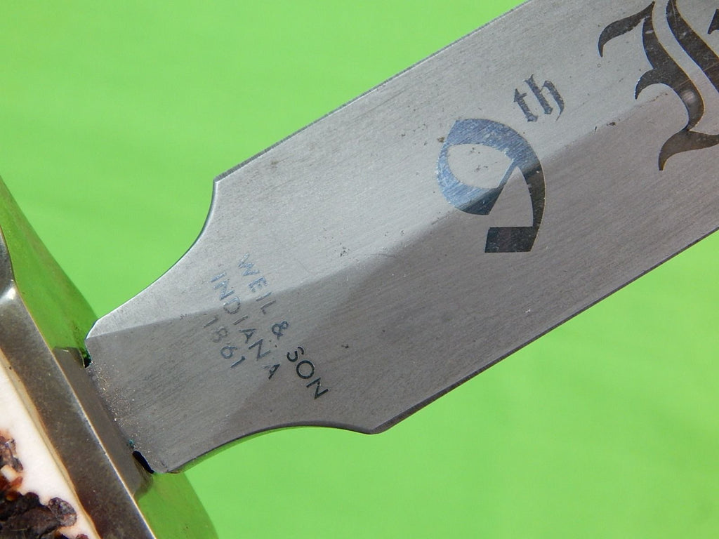 German Germany Damascus Blade Stiletto Engraved INDIANA Stag Fighting ...