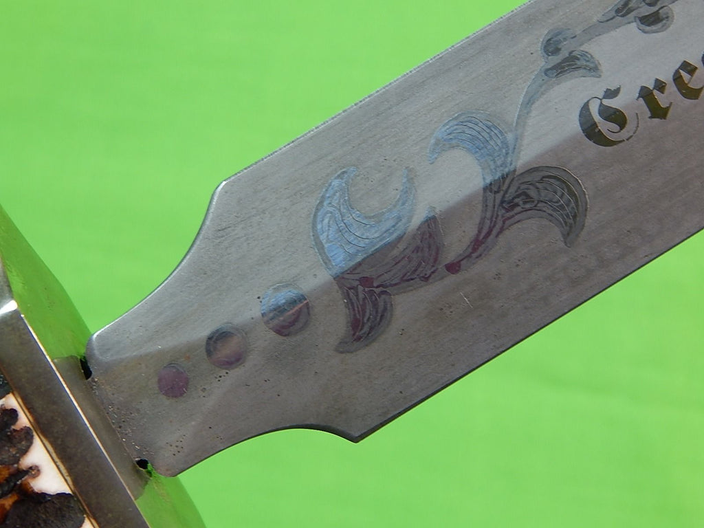 German Germany Damascus Blade Stiletto Engraved INDIANA Stag Fighting ...