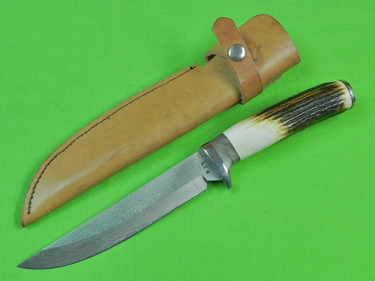 US Custom Hand Made LARRY WITHROW Damascus Stag Fighting Hunting Knife ...