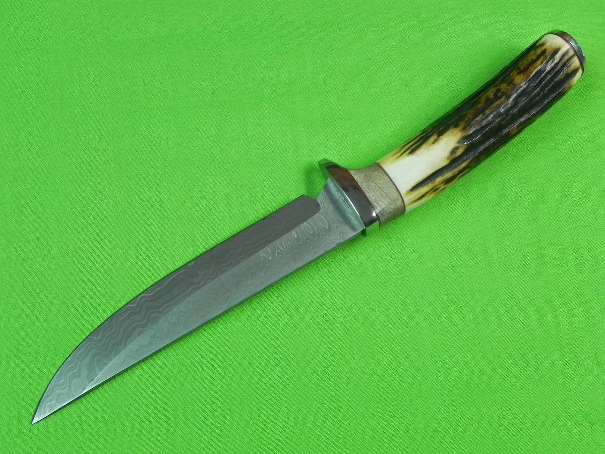 US Custom Hand Made LARRY WITHROW Damascus Stag Fighting Hunting Knife ...