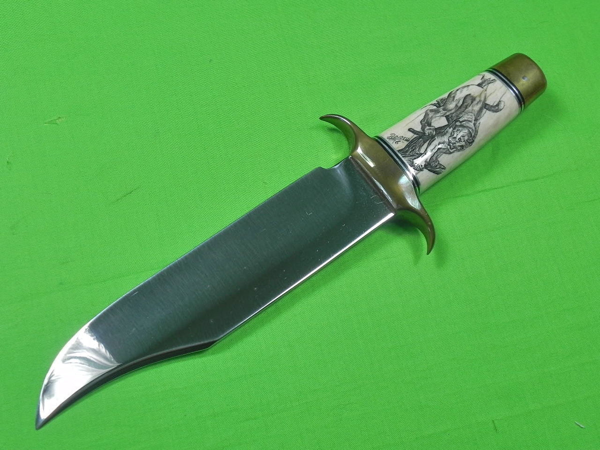 US Custom Hand Made MIKE LEACH Large Bowie Knife 1976 Scrimshaw JOE RU ...