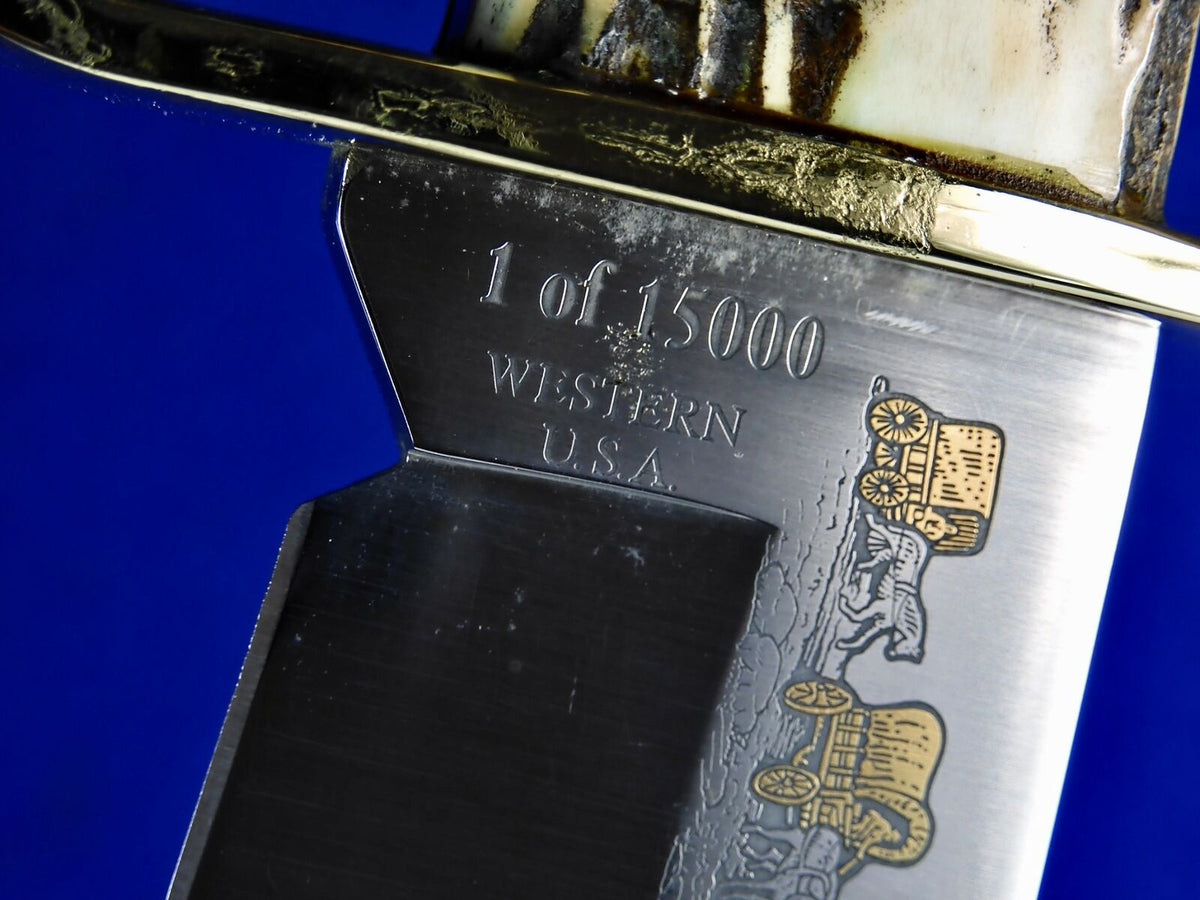 US Western W49 Limited Texas Gold Etched Stag Bowie Fighting Knife & S ...