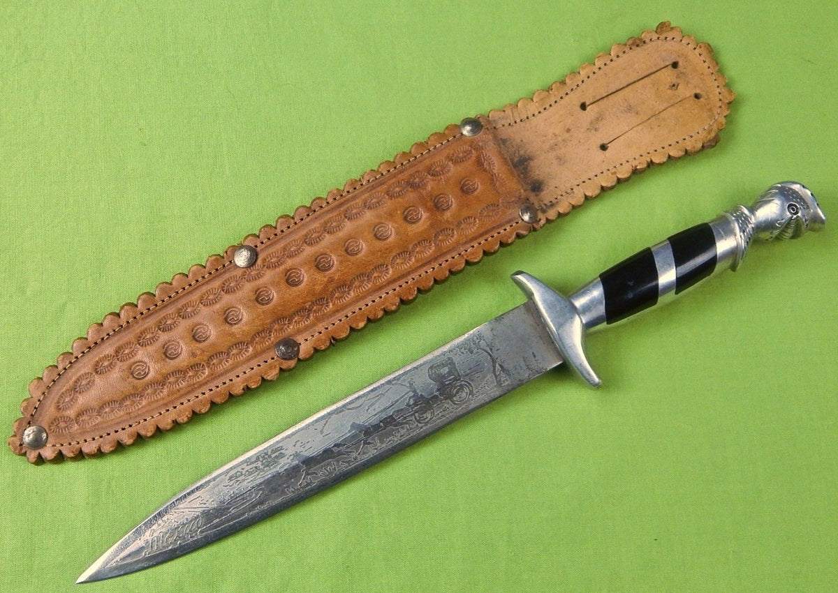 Vintage Mexican Mexico Knight Head Engraved Stiletto Fighting Knife ...