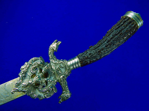 Antique Old German Germany Gold Engraved Dog Head Hunting Dagger Sword ...