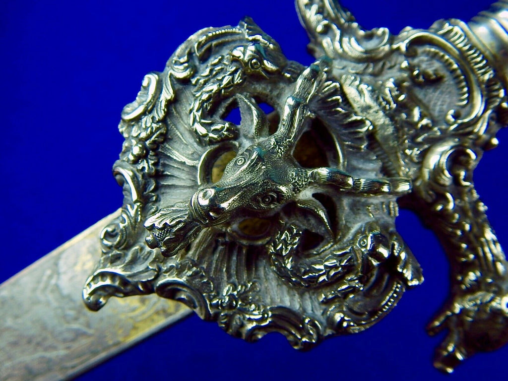 Antique Old German Germany Gold Engraved Dog Head Hunting Dagger Sword ...