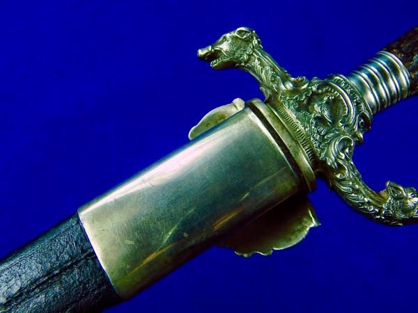 Antique Old German Germany Gold Engraved Dog Head Hunting Dagger Sword ...