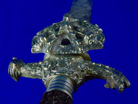 Antique Old German Germany Gold Engraved Dog Head Hunting Dagger Sword ...