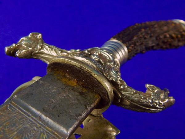 Antique Old German Germany Gold Engraved Dog Head Hunting Dagger Sword ...