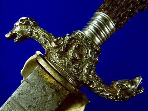 Antique Old German Germany Gold Engraved Dog Head Hunting Dagger Sword ...