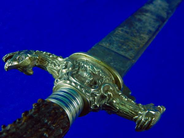 Antique Old German Germany Gold Engraved Dog Head Hunting Dagger Sword ...